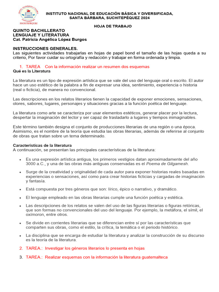 Hojas De Trabajo De Literatura