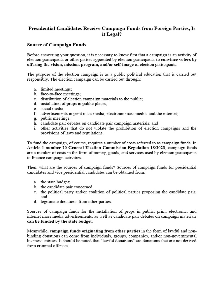 Legality of Foreign Campaign Funds | PDF | Elections | Political Campaigns