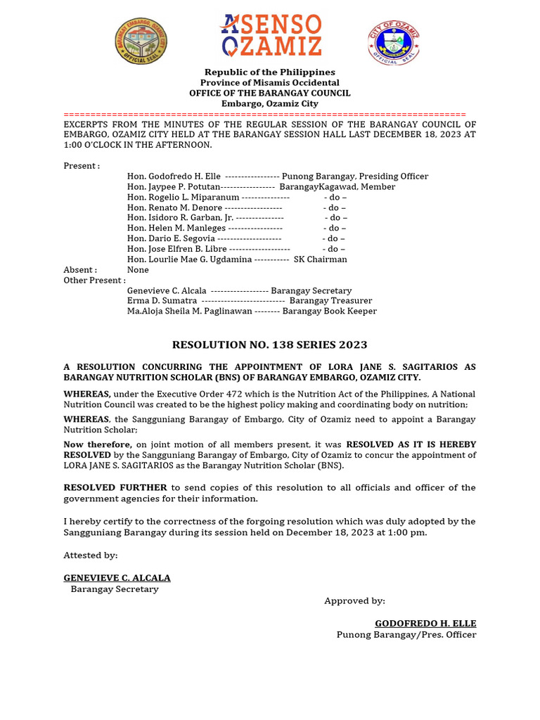 Resolution No. 138 S. 2023 BNS APPOINTMENT | PDF | Sports & Recreation ...