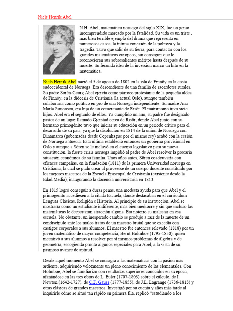 Biografia de Abel | PDF | Integral | Objetos matemáticos