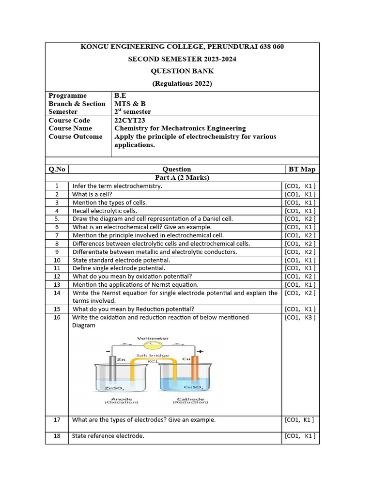 Unit I Electrochemistry QB | PDF | Electrochemistry | Materials Science