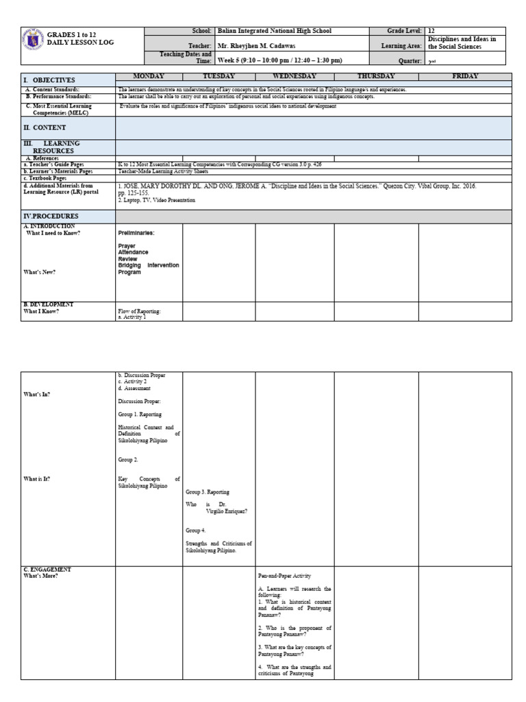 DLL DISS Week5 6 Q2 | PDF | Learning | Teachers