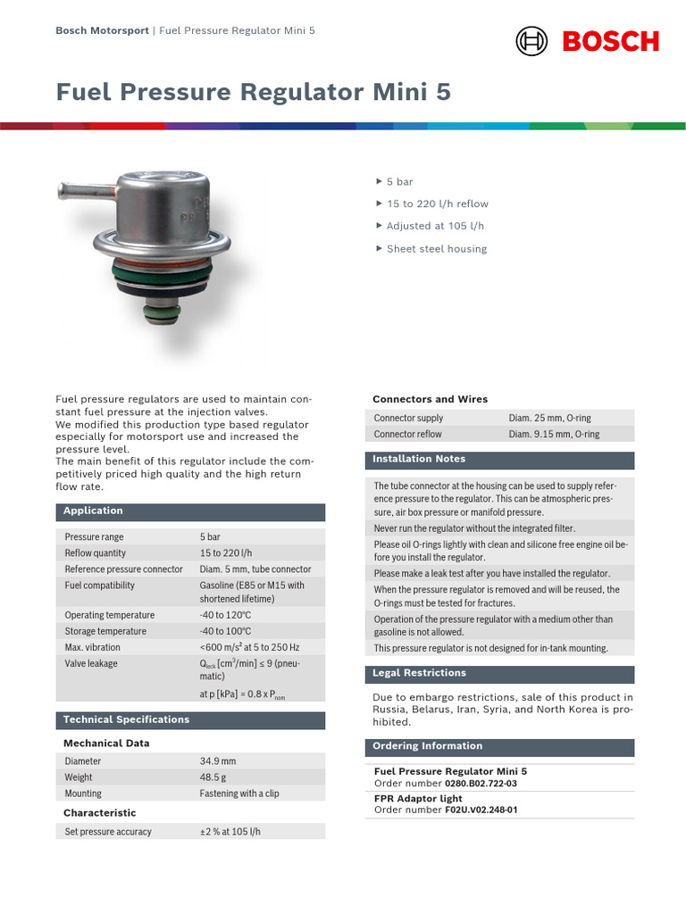 Data Sheet 68021003 Fuel Pressure Regulator Mini 5 Pdf Gasoline Engines