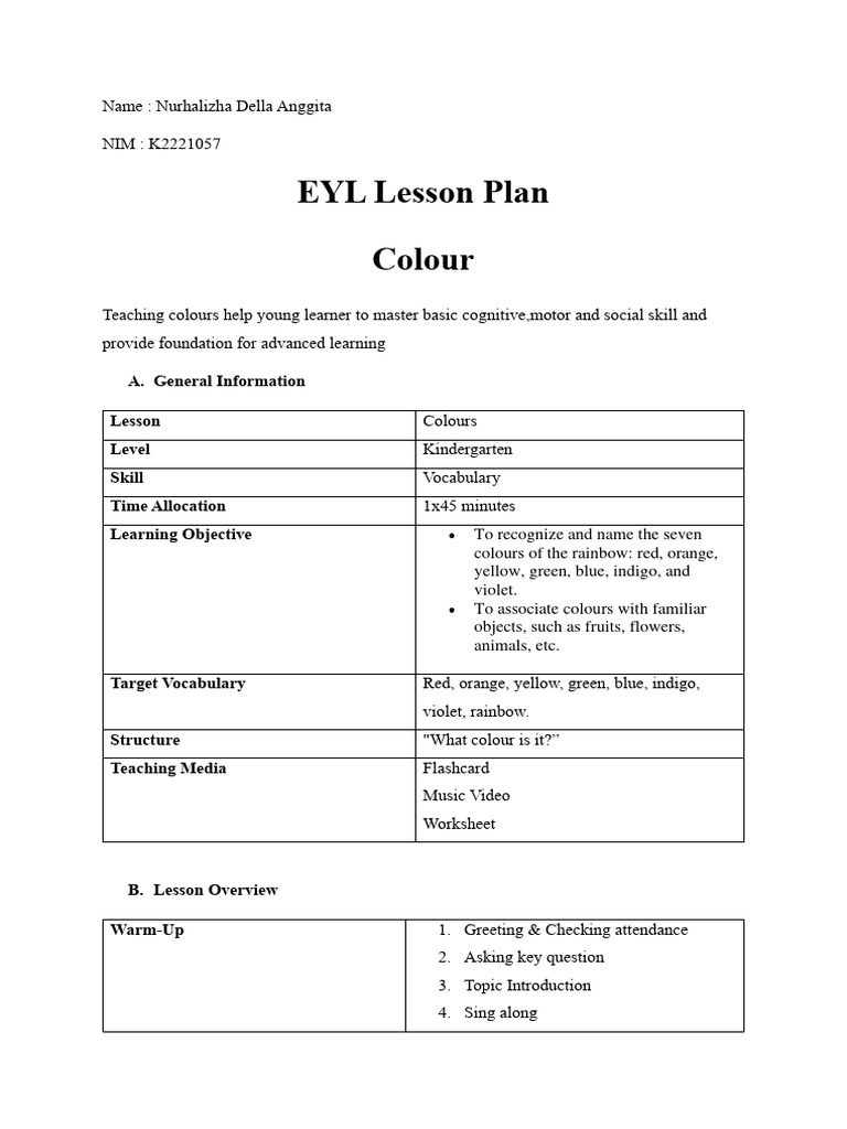 EYL Lesson Plan Nurhalizha Della Anggita1 | PDF | Teachers | Learning