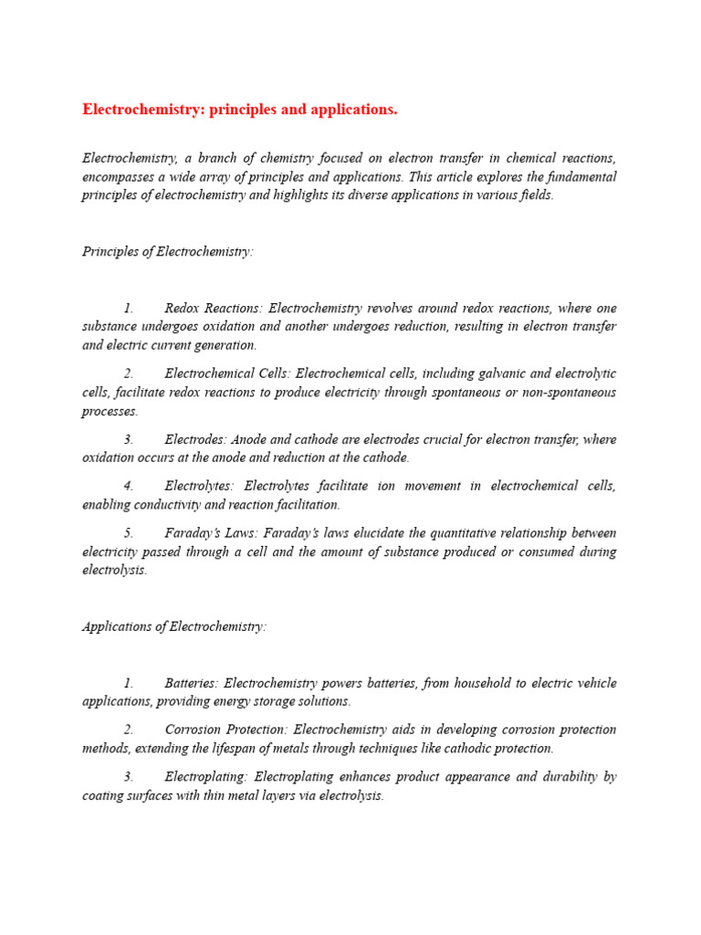 Electrochemistry Principles and Applications | PDF | Electrochemistry ...