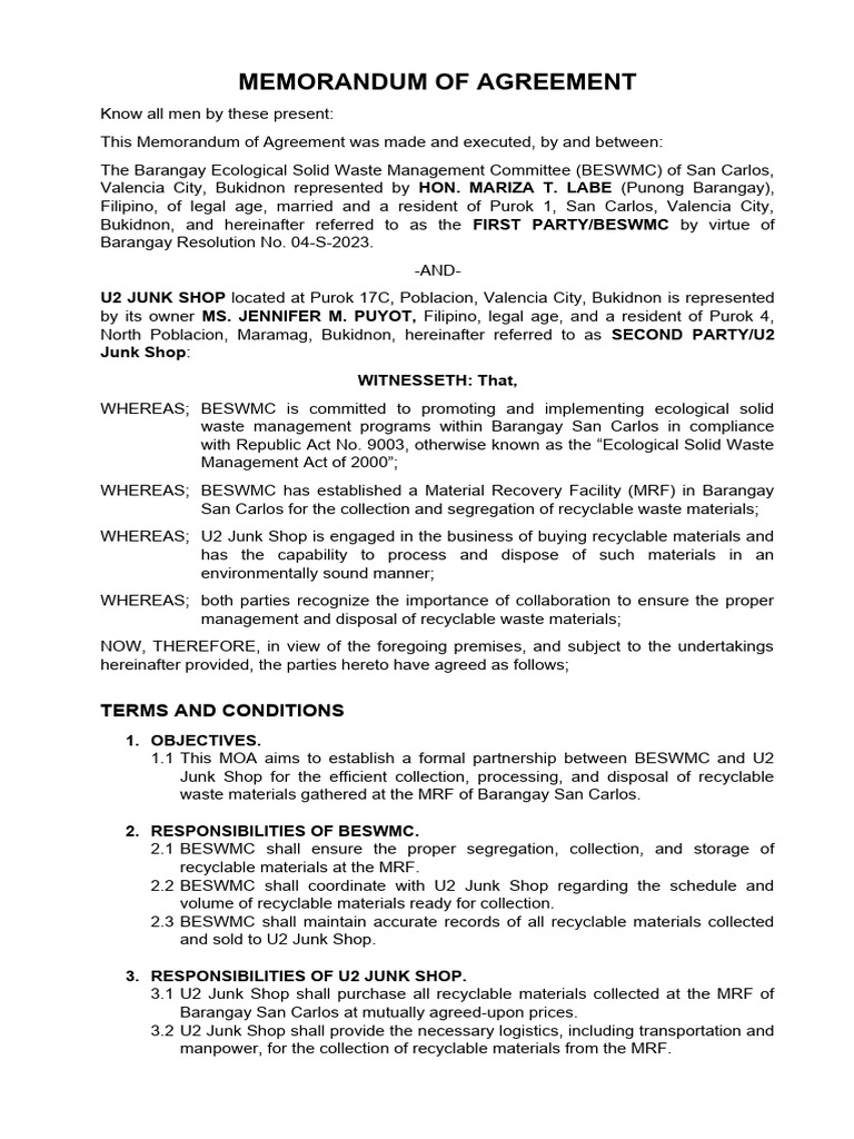 Waste Management Agreement with U2 Junk Shop | PDF | Waste Management ...
