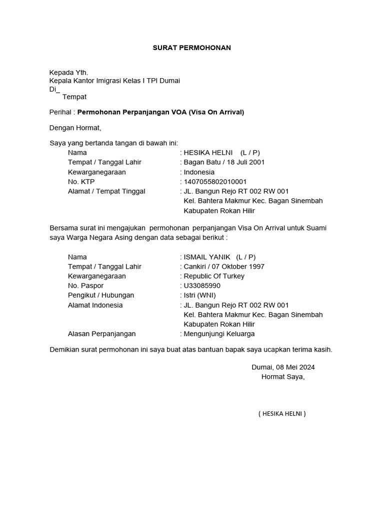 Surat Permohonan Voa | PDF