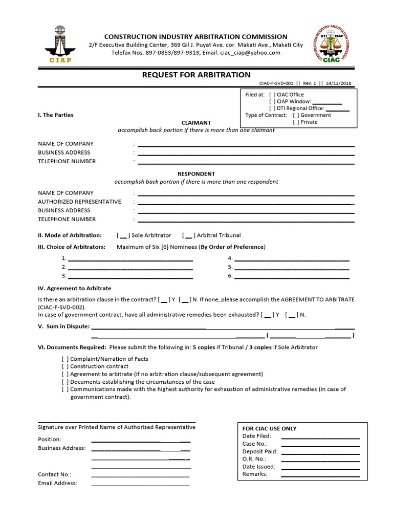 CIAC-F-SVD-001 Request For Arbitration (RFA) | PDF | Arbitration | Dispute Resolution