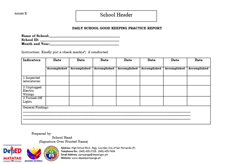 Annex E School Good Keeping Practice Report Template | PDF