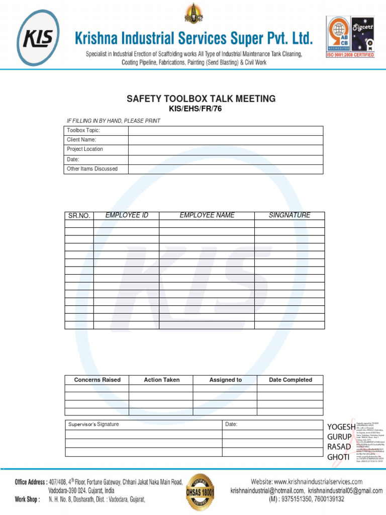 3.10 Safety Toolbox Talk Sign Up Sheet | PDF