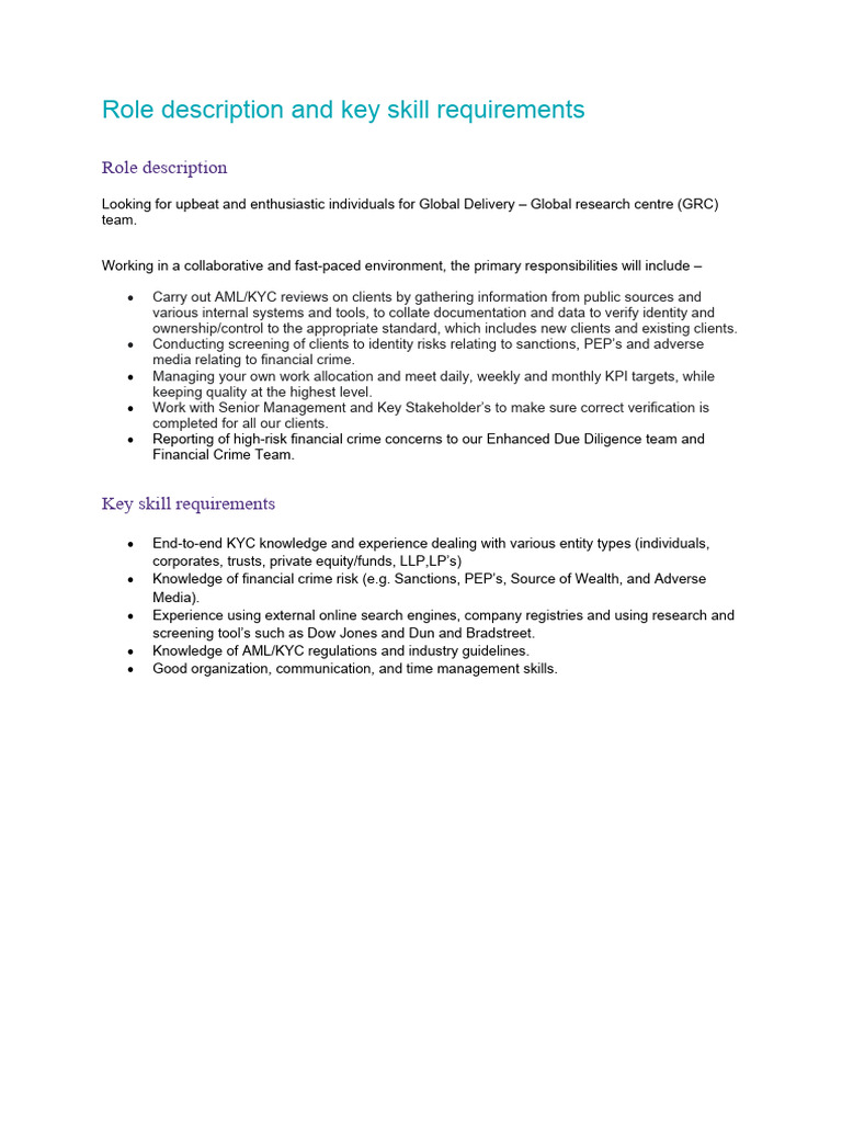 KYC Analyst Role and Responsibilities | PDF | Business | Finance ...