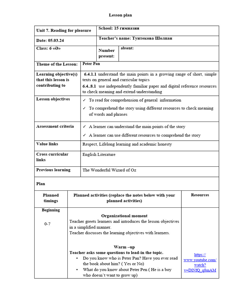 Peter Pen Lesson Plan | PDF | Lost Boys (Peter Pan) | Wendy Darling