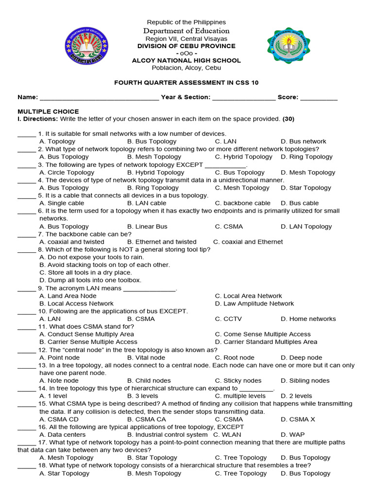 CSS 10 Fourth Quarter Exam | PDF | Network Topology | Malware