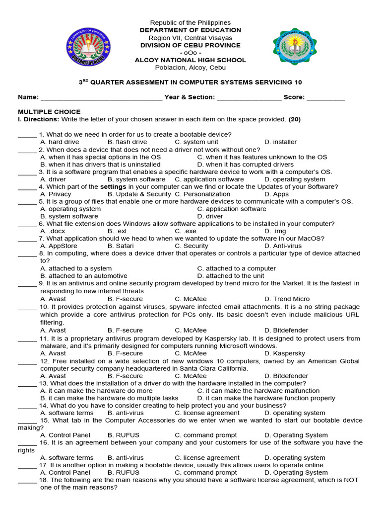 3rd Quarter Assessment CSS 10 | PDF | Antivirus Software | System Software