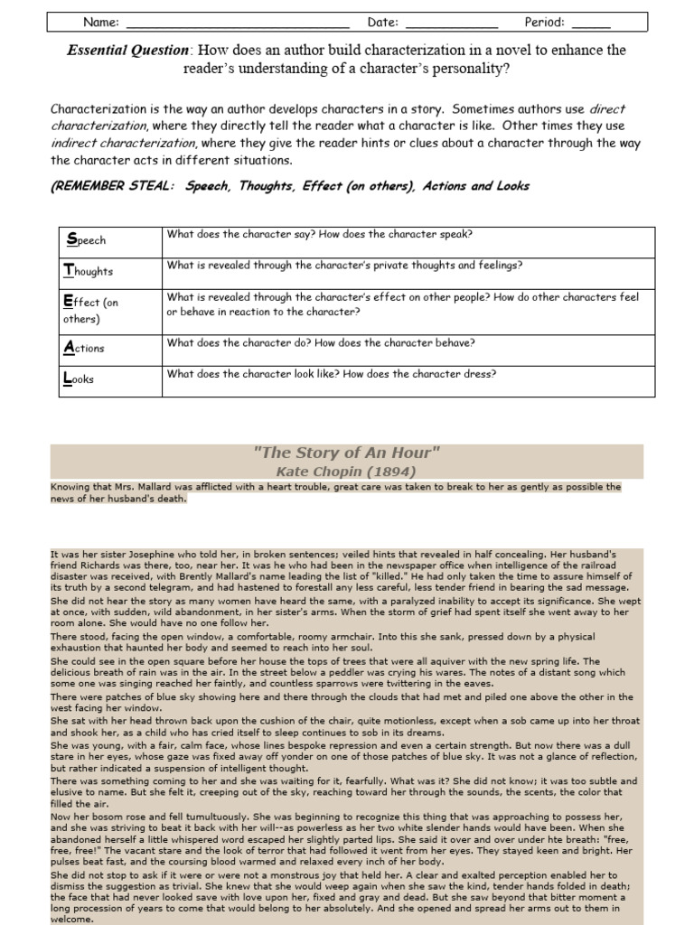 Direct Indirect Characterization STEAL Chart - Story of An Hour | PDF ...