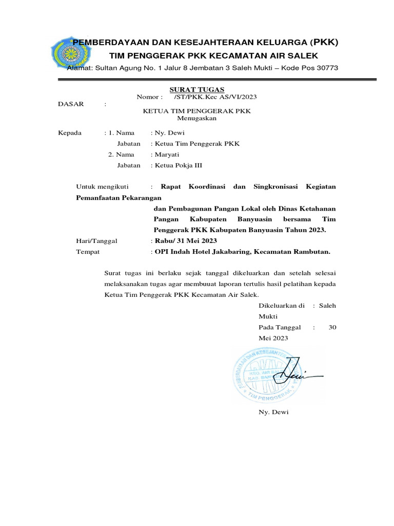 Contoh Surat Tugas TP PKK | PDF