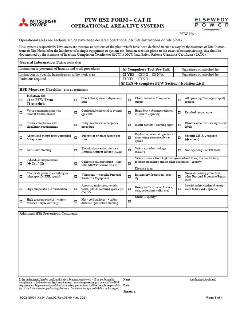 7.1.2 App.02 PTW HSE Form CAT II - Operational Area-Live System | PDF ...