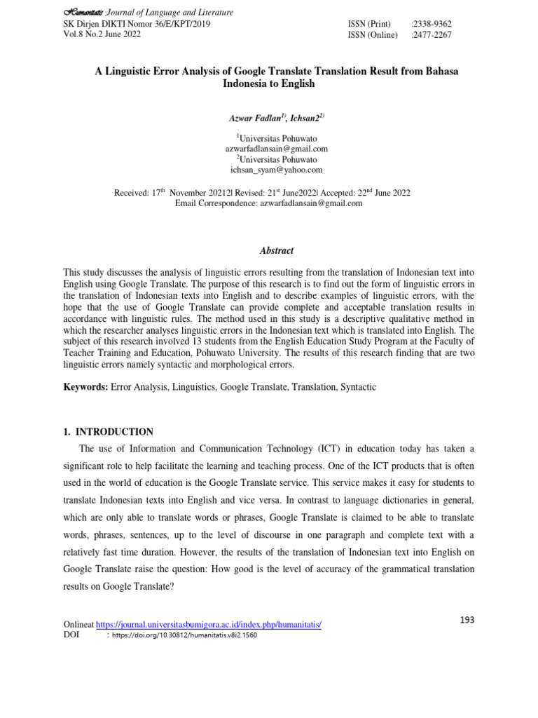A Linguistic Error Analysis of Google Translate Translation Result From Bahasa Indonesia To ...