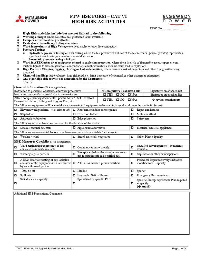 High Risk Activities PTW HSE Form | PDF | Pressure | Explosion