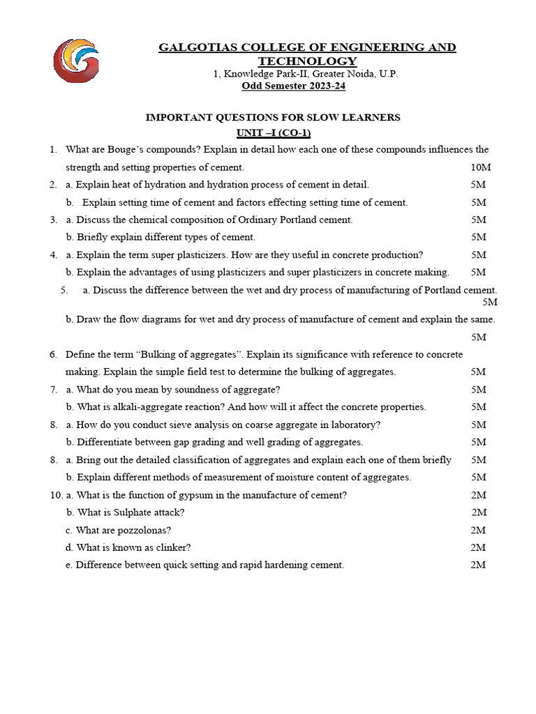 Extra Questions For Slow Learners | PDF | Concrete | Cement