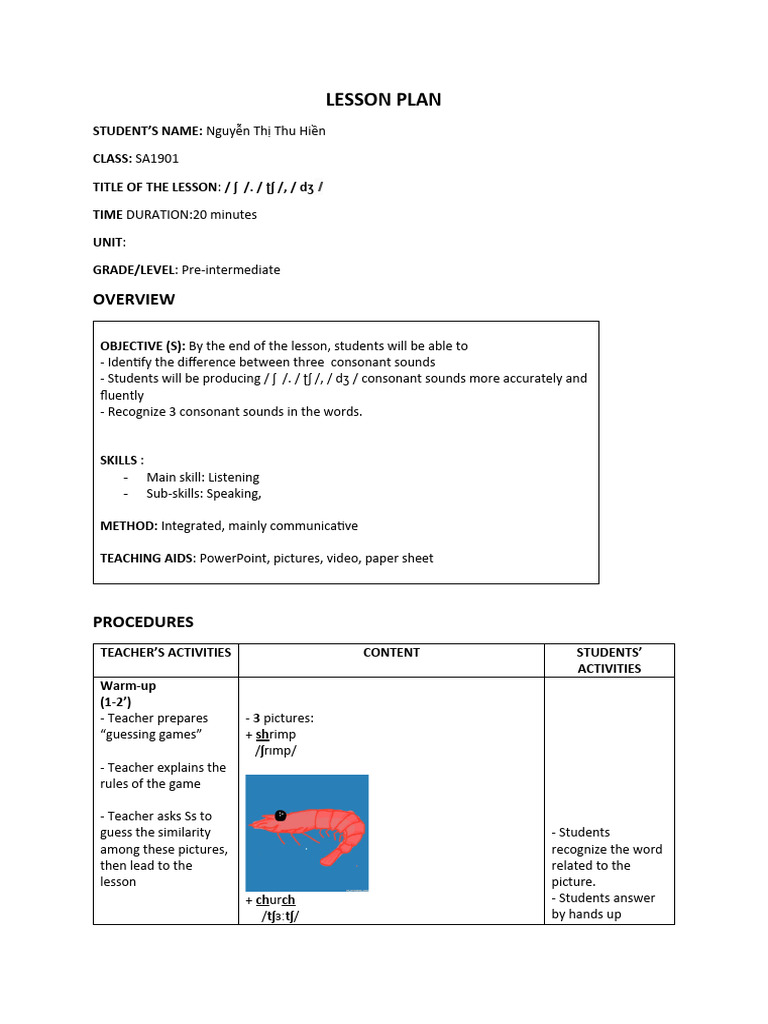 Teaching Consonant Sounds: /ʃ/, /ʈʃ/, /dʒ/ | PDF | Lesson Plan | Learning
