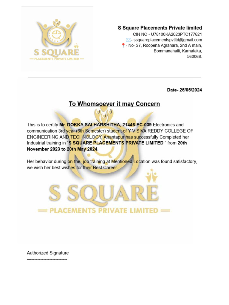 DOKKA SAI HARSHITHA Industrial Training Certificate | PDF