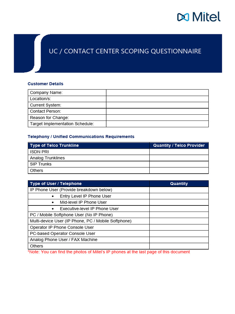Mitel UC and Contact Center Scoping Questionnaire Rev2 | PDF ...