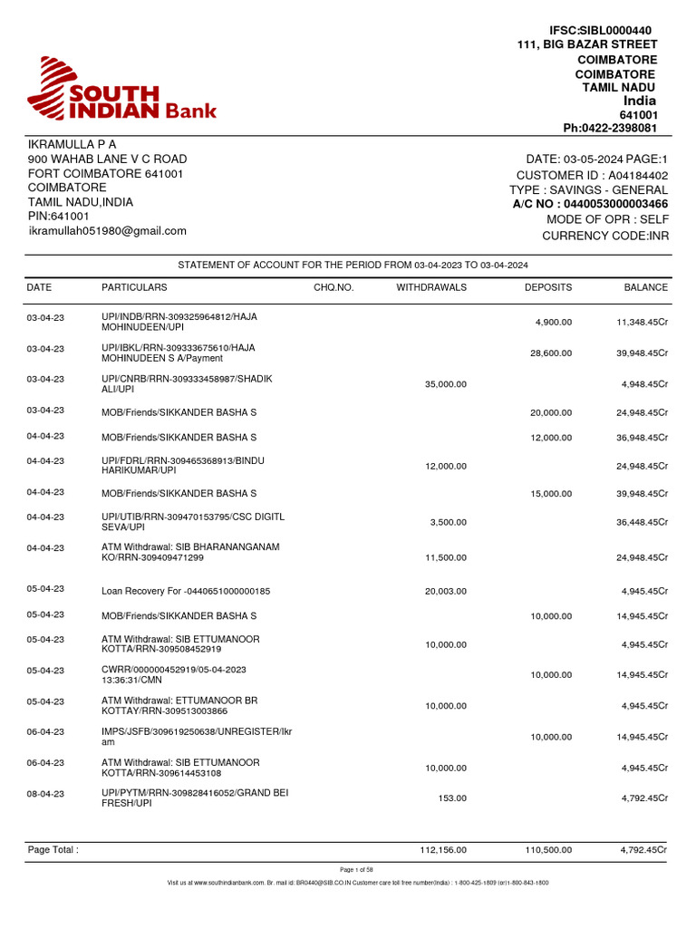 South Indian Bank Statement 2023-2024 | PDF | Money | Services (Economics)