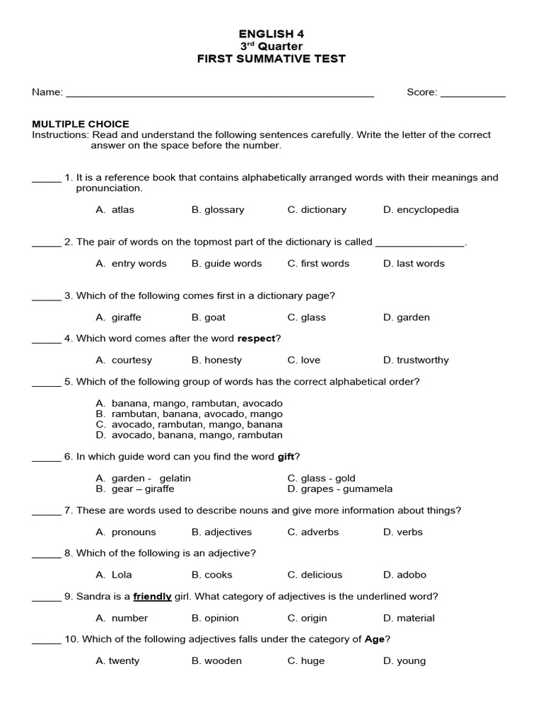 ENGLISH 4 3rd Quarter 1st Summative | PDF | Word | Adjective