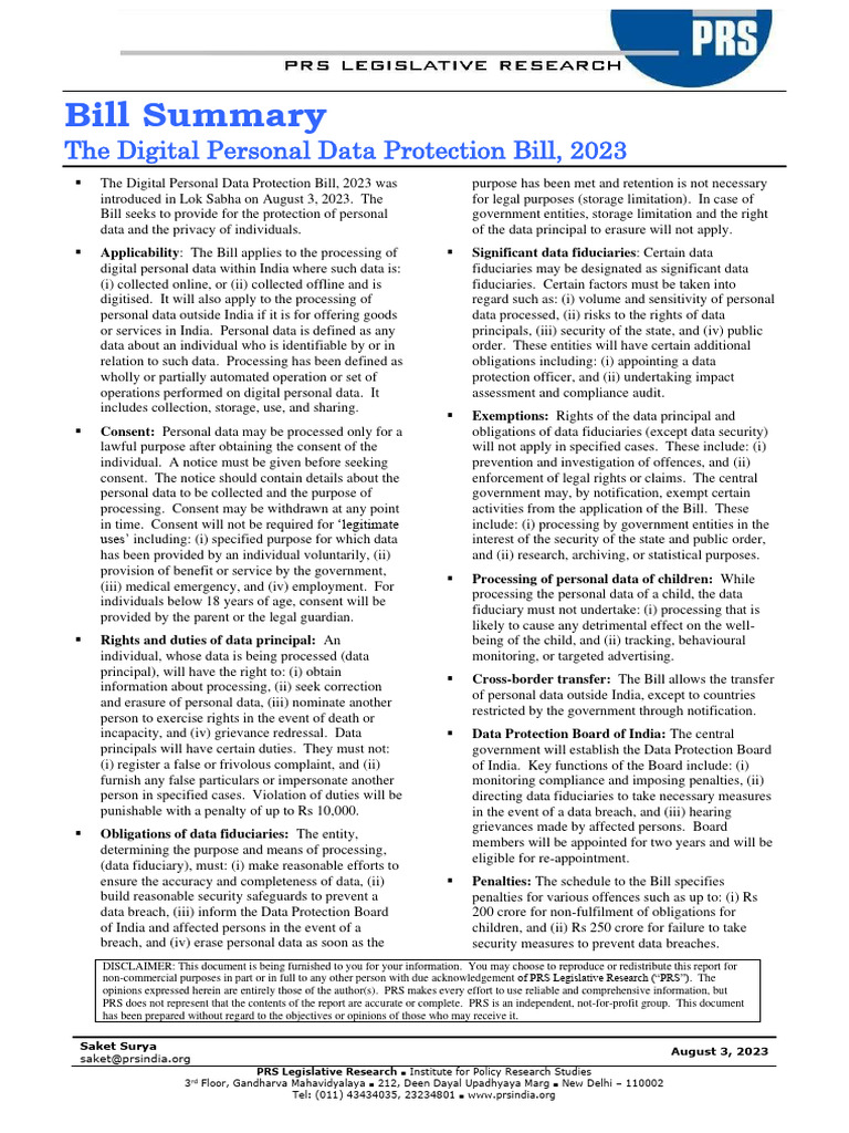 Summary Digital Personal Data Protection Bill 2023 | PDF | Fiduciary ...
