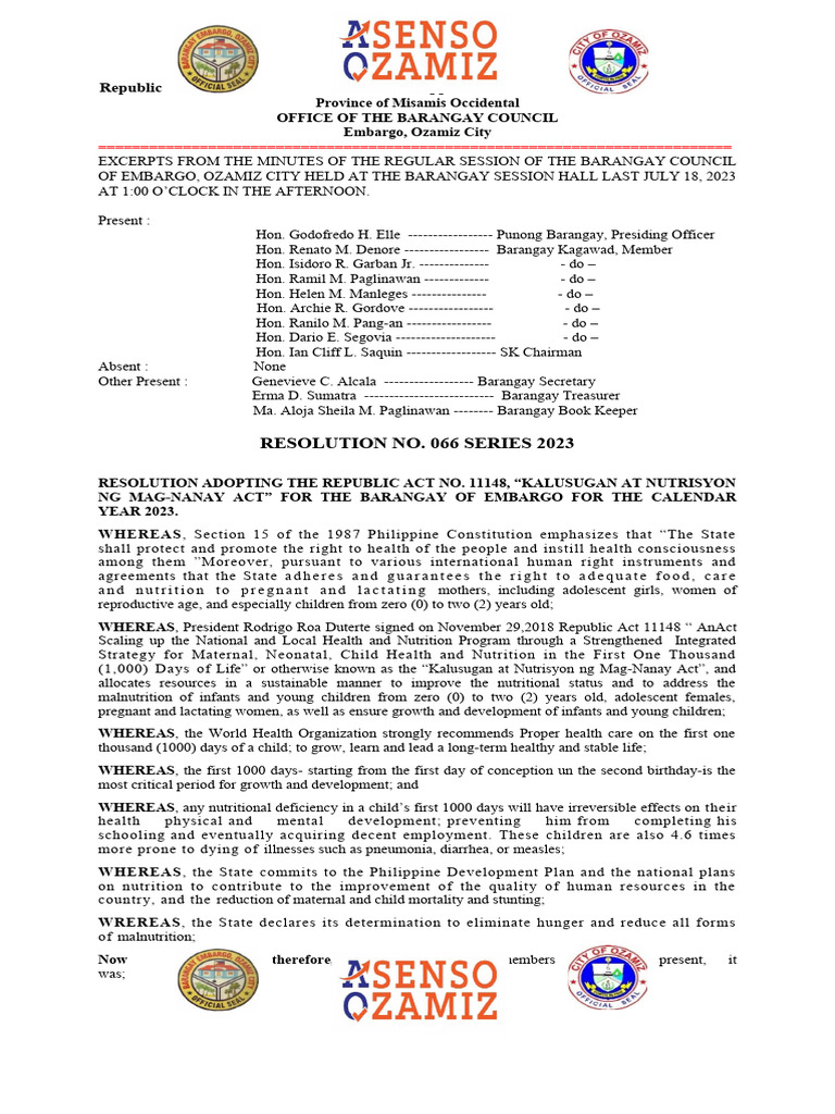 Resolution No. 066 S. 2023 1000 DAYS | PDF | Malnutrition | Family