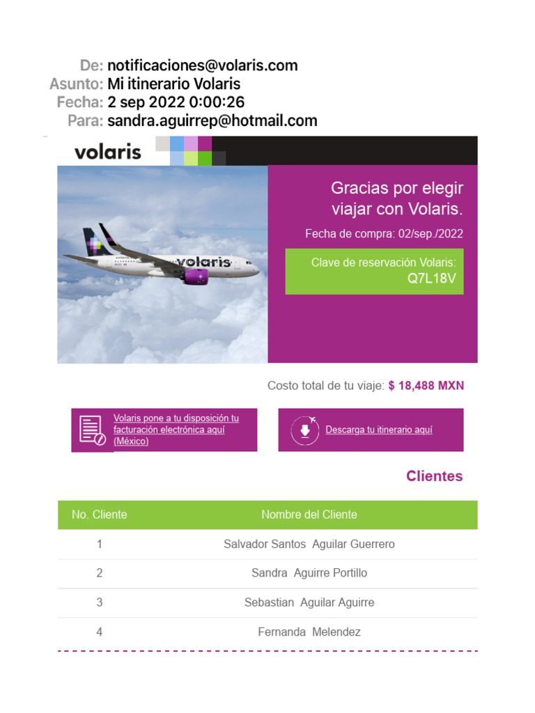 Itinerario de Vuelo Volaris | PDF
