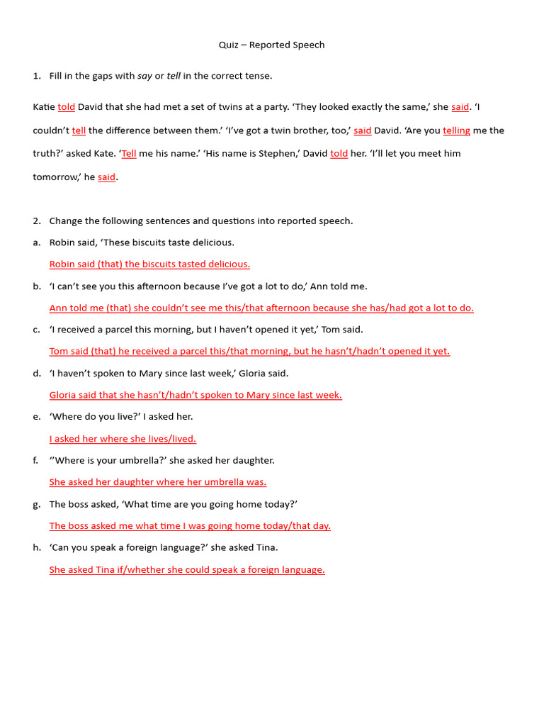 Reported Speech Quiz and Exercises | PDF | Language Arts & Discipline ...
