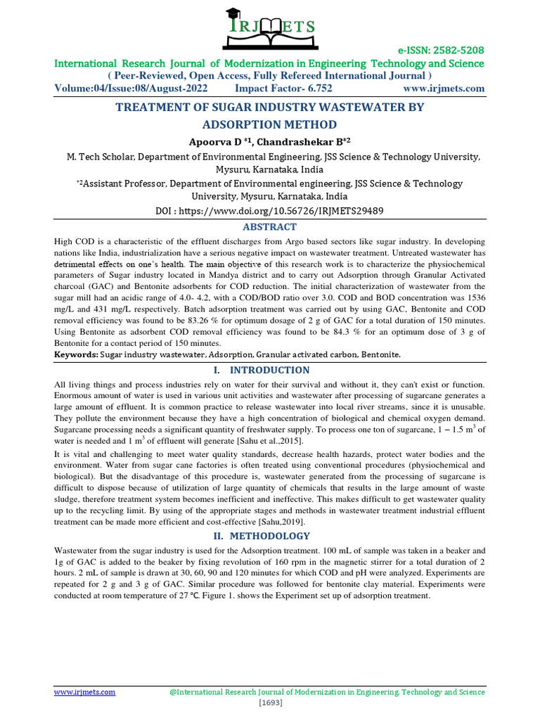 Treatment of Sugar Ind WW by Adsorbtion GAC Plus Bentonite | Download ...