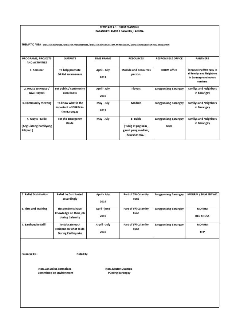 Template 4-1 - BDRRM Planning 2019 | PDF | Emergency Management | Disasters