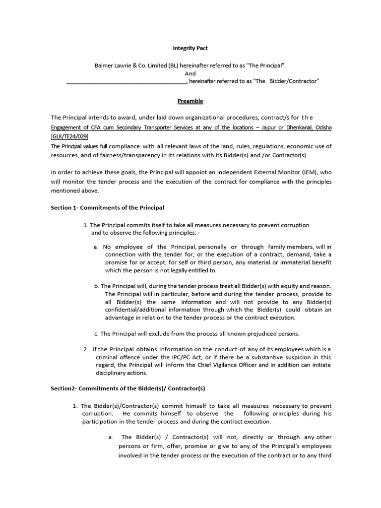 Integrity Pact for Tender Compliance | PDF | Employment | Procurement