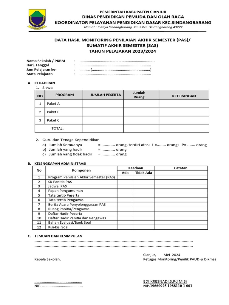 Instrumen Monitoring Pas PKBM 2024 | PDF