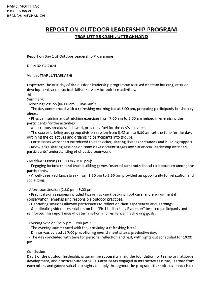 Report On Outdoor Leadership Program | Download Free PDF | Leadership ...