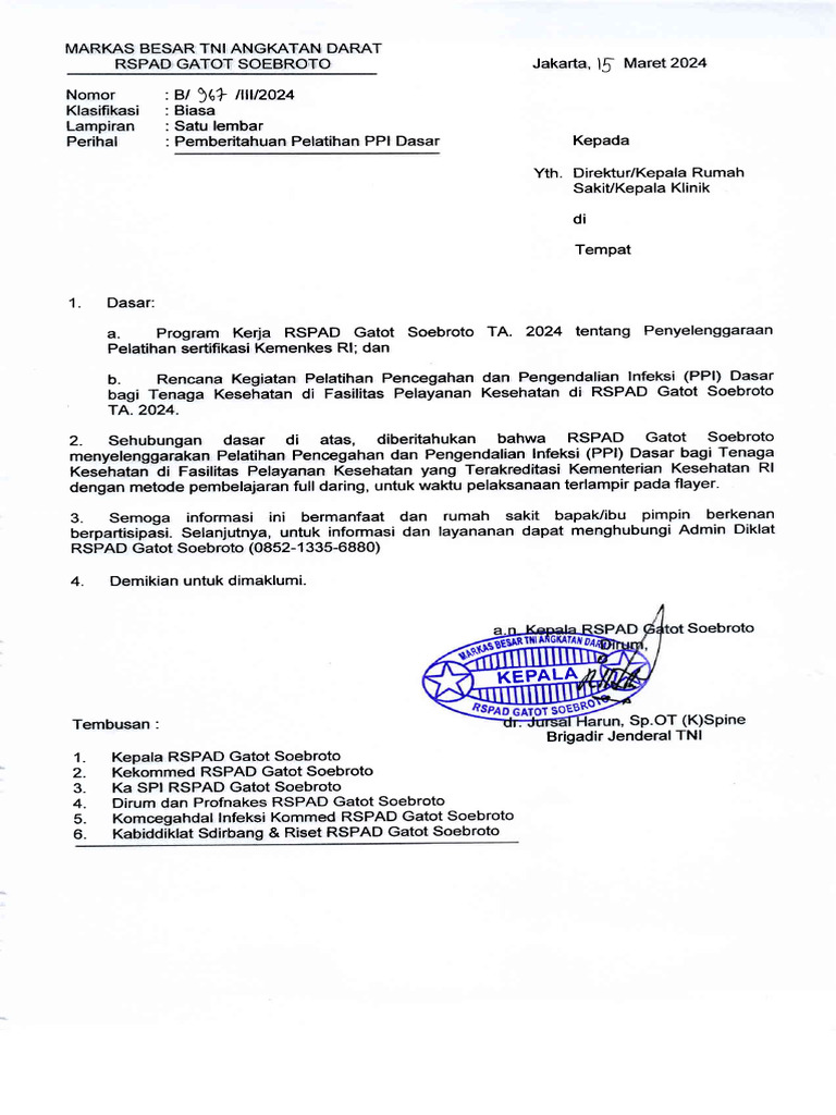 Surat Pengantar Brosur Pelatihan PPI Dasar Online TA 2024 | PDF