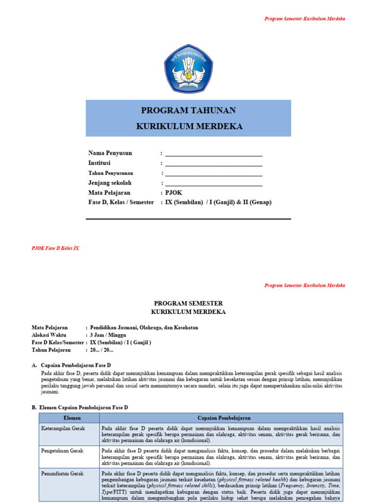 Promes PJOK Kelas 9 Kurikulum Merdeka | PDF