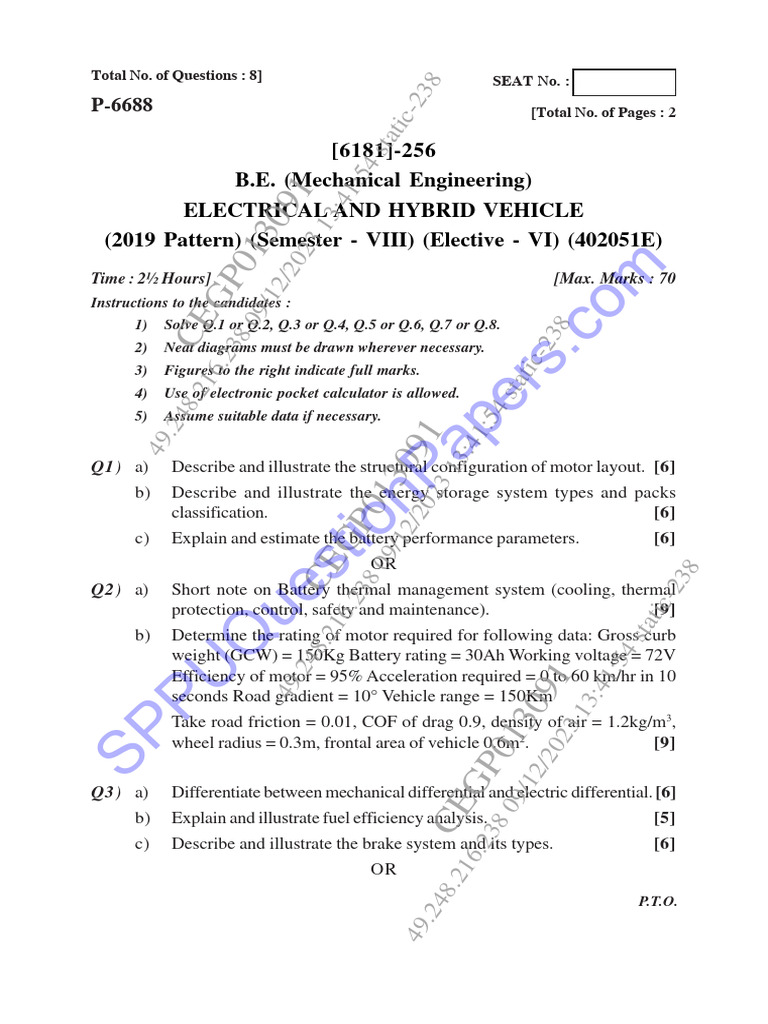 Be - Mechanical Engineering - Semester 8 - 2023 - November - Electrical and Hybrid Vehicle ...