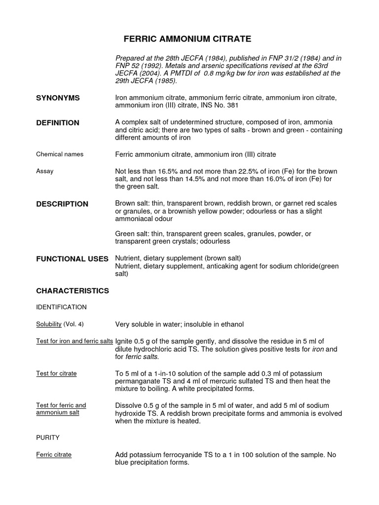 Ferric Ammonium Citrate USP Monograph | PDF | Salt (Chemistry) | Iron