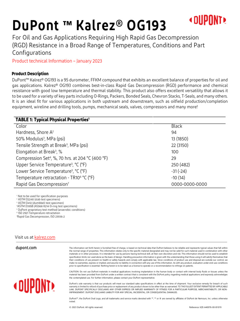 OG193 - Kalrez OG193 Technical Data Sheet - KZE-A40076-00-B1019 | PDF | Gases