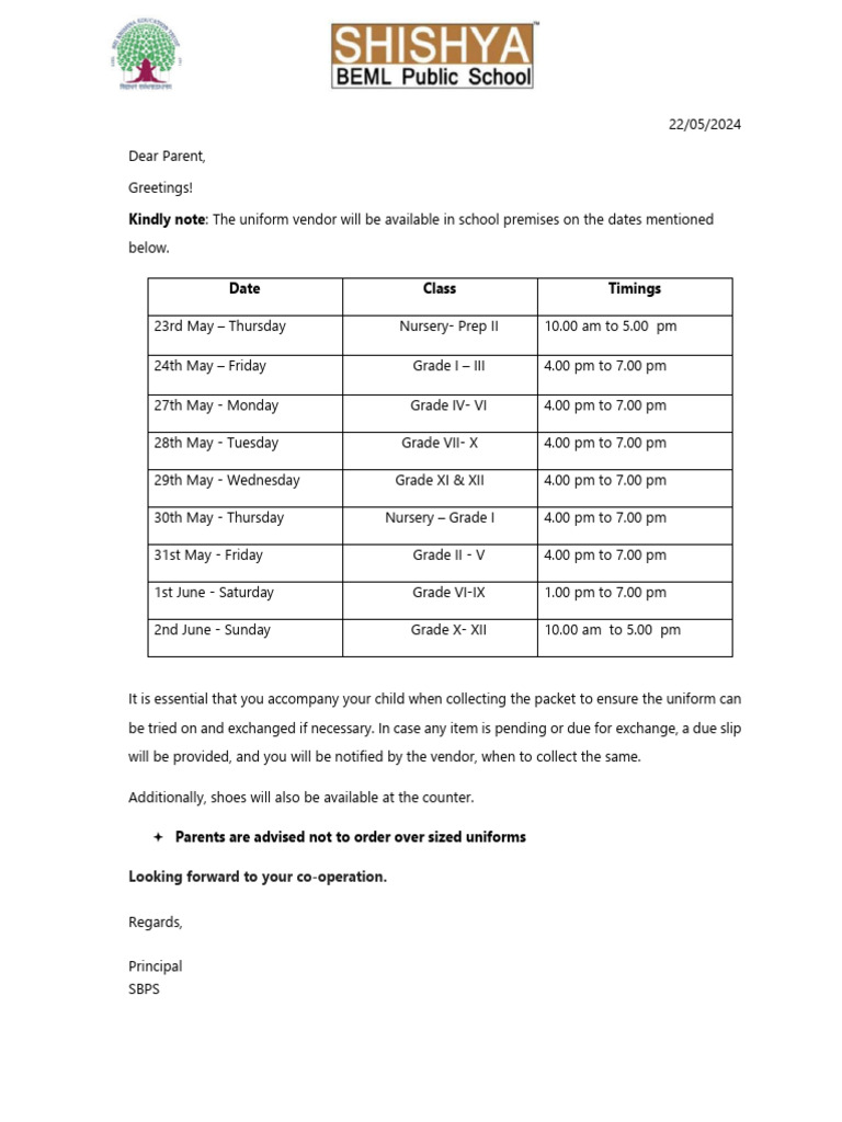 School Uniform Collection Schedule | PDF