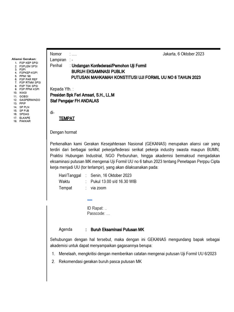 UNDANGAN Pemohon Dan Atau Konfederasi KSPSI Andi Gani | PDF