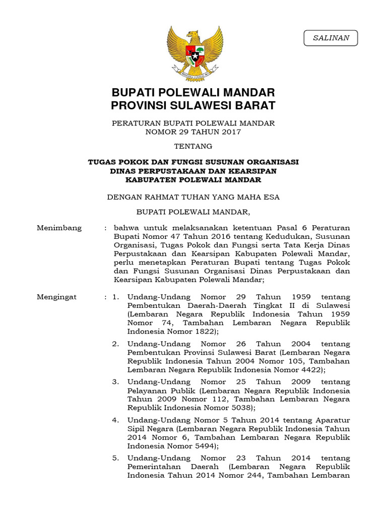 Tupoksi Dinas Perpustakaan Polewali Mandar | PDF