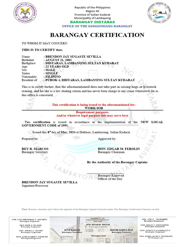 Barangay Cert Template | PDF