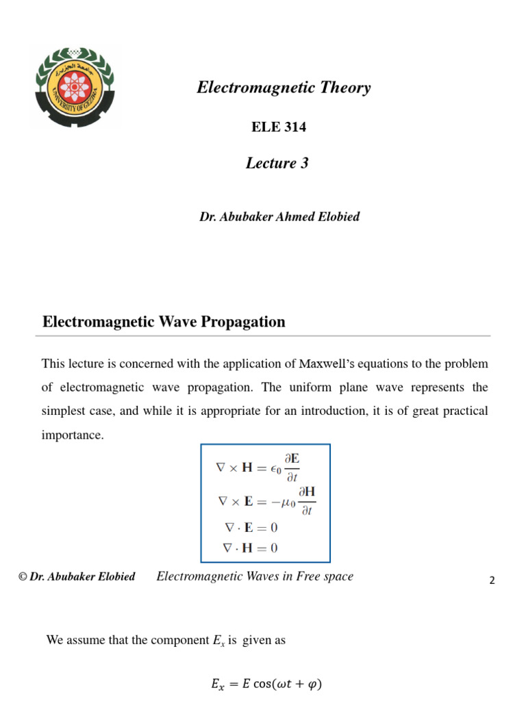 Electromagnetic Theory Lec 3 Pdf Waves Wave Equation
