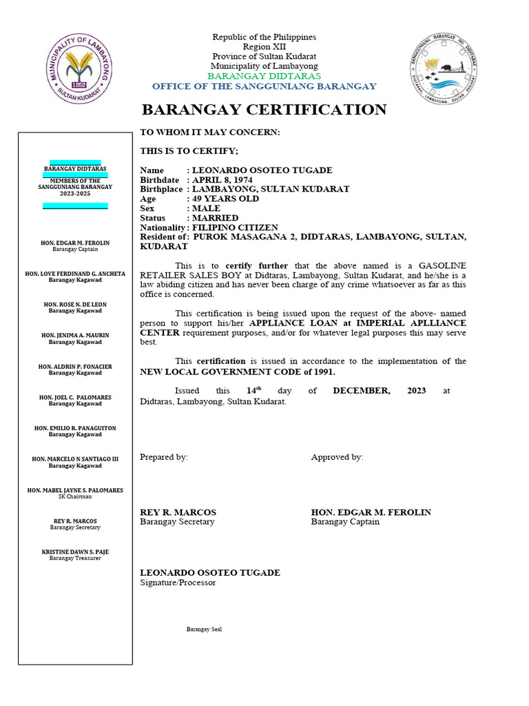 Barangay CERTIFICATE For Loan Template | PDF | Philippines