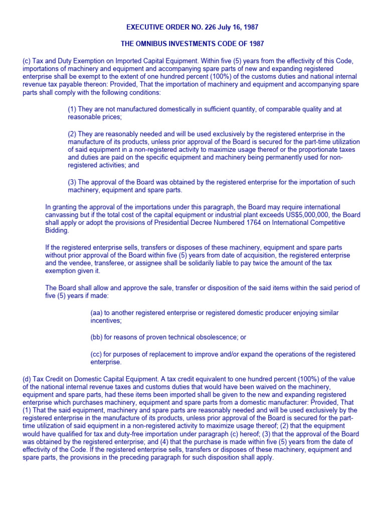 Executive Order No 226 | PDF | Taxes | Tax Exemption